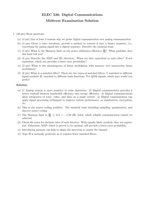 Elec 536 Digital Communications Midterm Examination Solution