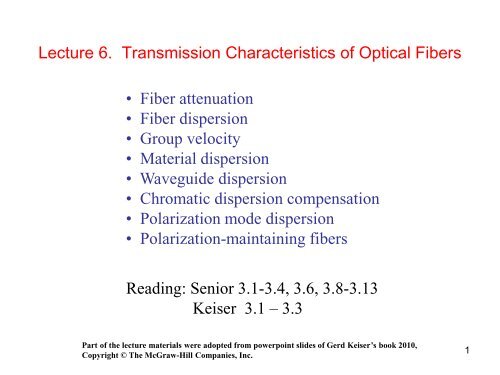 Lecture 6. Transmission Characteristics of Optical Fibers â ¢ Fiber ...
