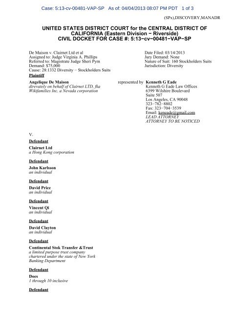 CIVIL DOCKET FOR CASE #: 5 - Sidedraught