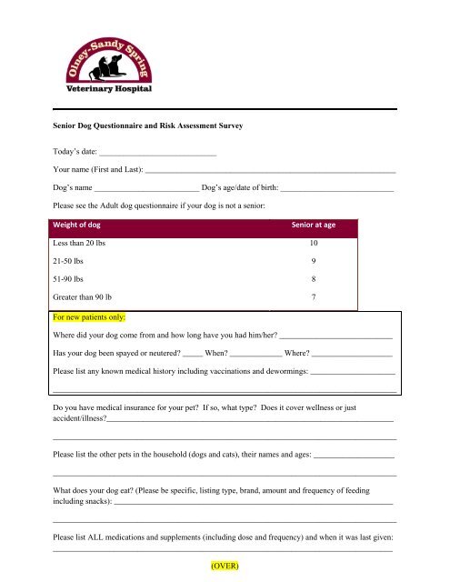 Canine Senior Questionnaire and Risk Assessment Survey