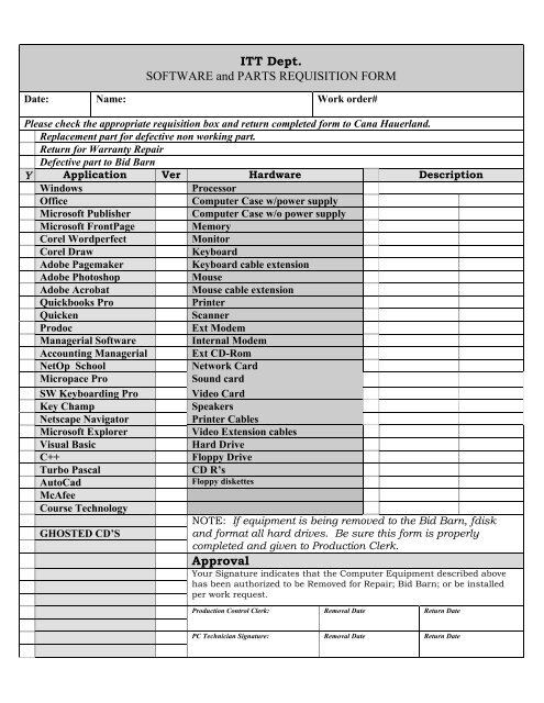 ITT Dept. SOFTWARE and PARTS REQUISITION FORM Approval