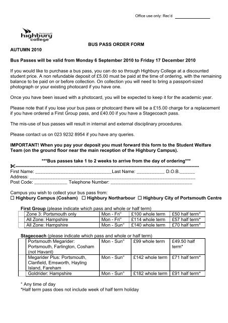 BUS PASS ORDER FORM AUTUMN 2010 Bus ... - Highbury College