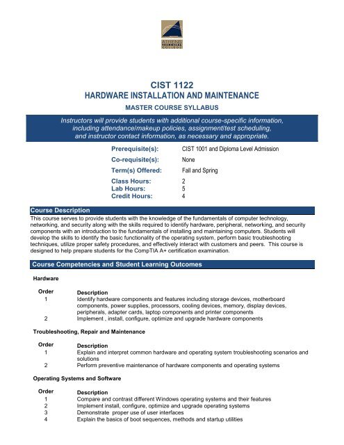 cist 1122 hardware installation and maintenance - Athens Technical ...
