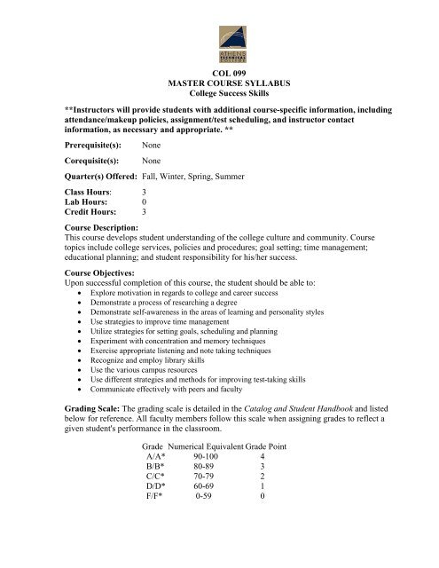 COL 099 MASTER COURSE SYLLABUS College Success Skills ...