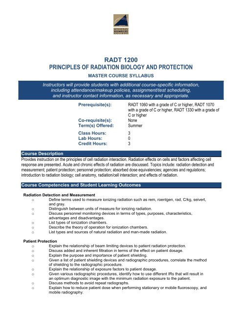 radt 1200 principles of radiation biology and protection - Athens ...