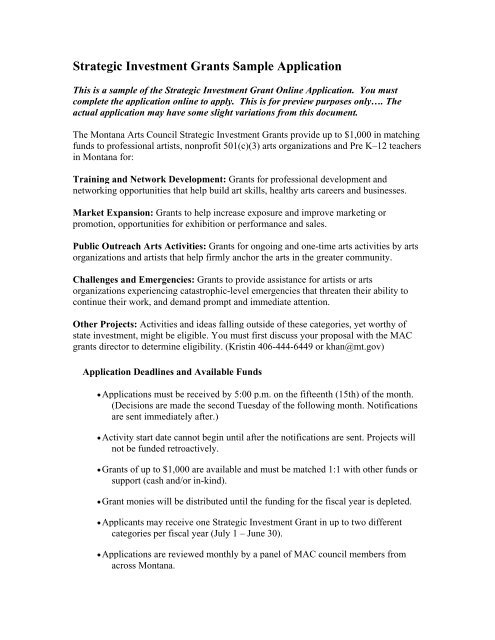 Strategic Investment Grants Sample Application - Montana Arts ...