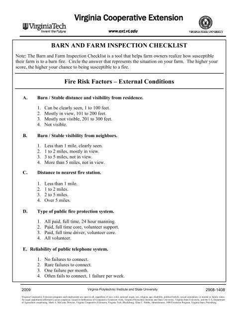 BARN AND FARM INSPECTION CHECKLIST Fire Risk Factors ...
