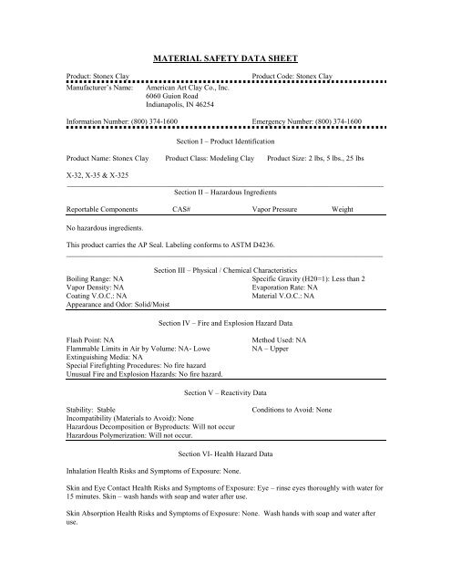 MSDS-Stonex Clay AP - Amaco