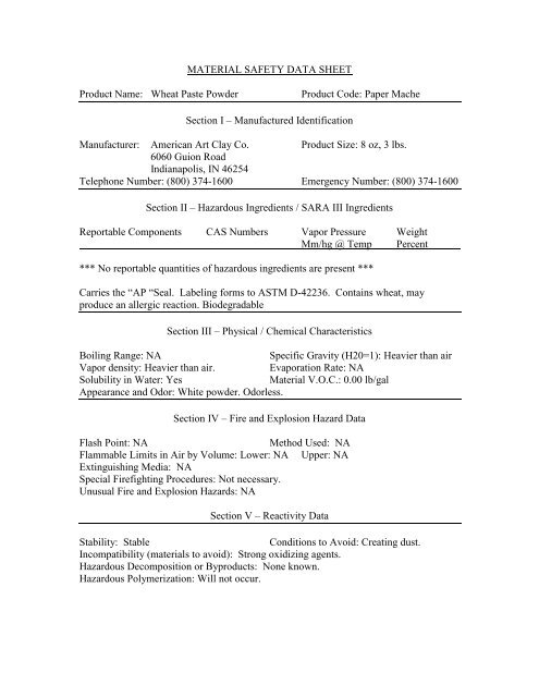 MSDS-Wheat Paste Powder AP - Amaco