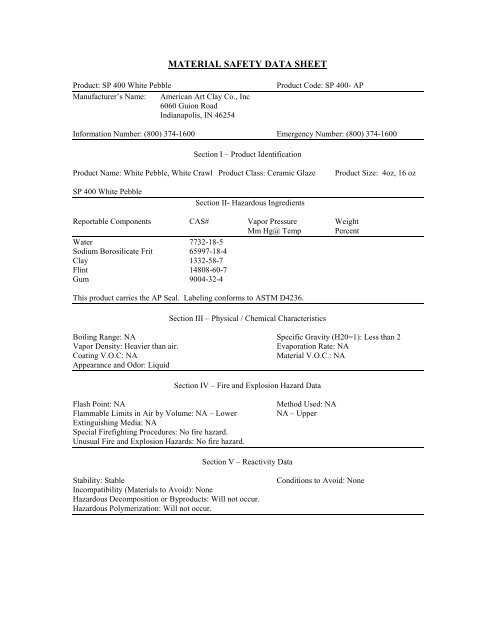 MSDS-SP White Pebble AP - Amaco