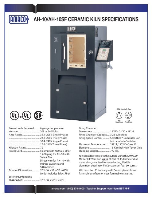 AH-10 technical specifications, furniture kit, and vent system - Amaco