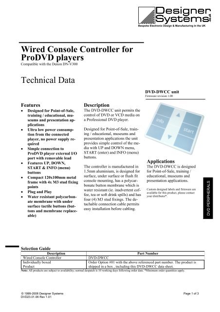 DVD-DWCC Technical datasheet - Designer Systems
