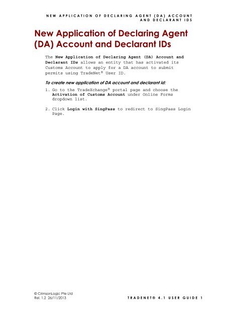 New Application of Declaring Agent (DA) Account and Declarant IDs
