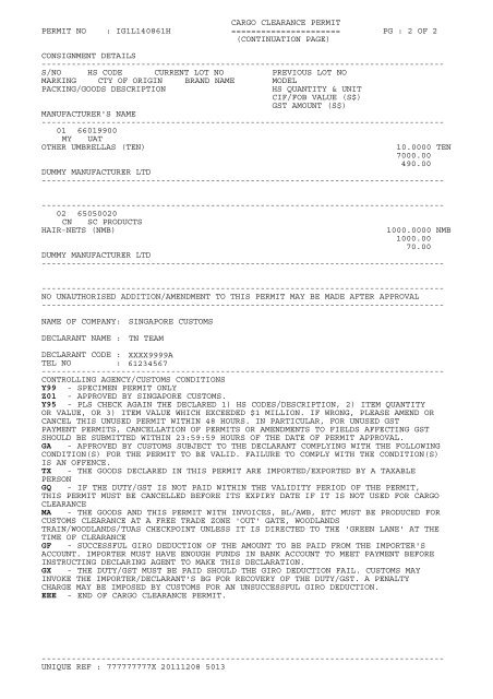 | CARGO CLEARANCE PERMIT