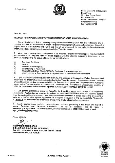 Request for Import / Export / Transhipment of Arms ... - TradeXchange