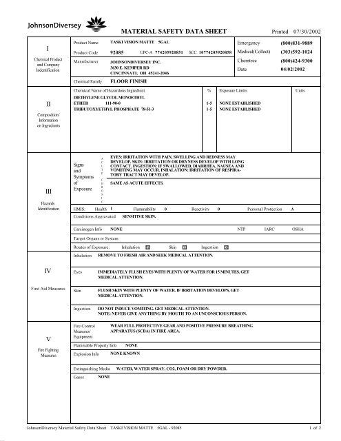 TASKI VISION MATTE 5GAL (US Institutional MSDS 92085 )