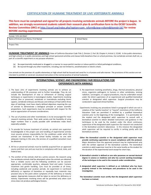 certification of humane treatment of live vertebrate animals