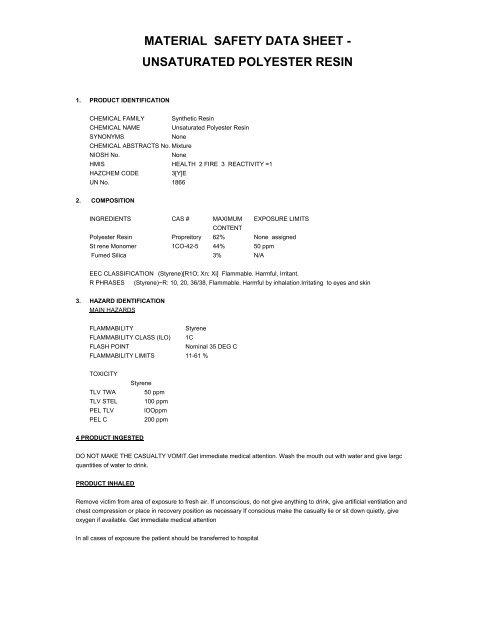 material safety data sheet - unsaturated polyester resin - Duroplastic