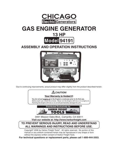 GAS ENGINE GENERATOR - Harbor Freight Tools