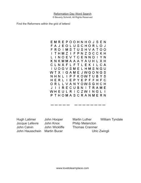 Reformation Day Word Search - Love to Learn Place