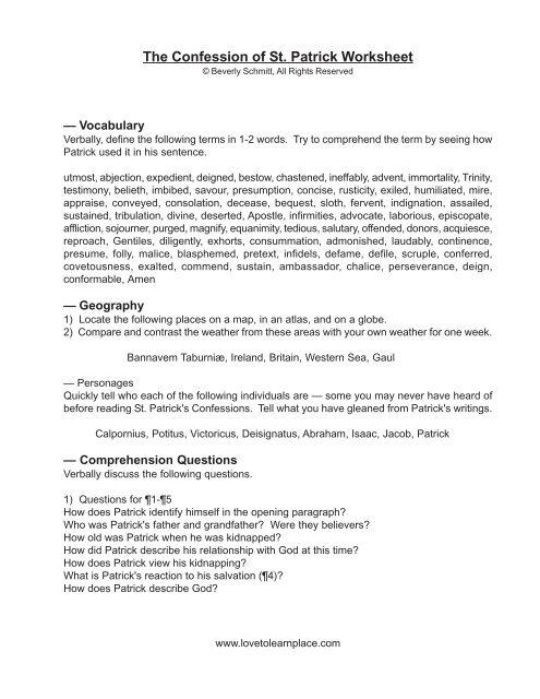 The Confession of St. Patrick Worksheet - Love to Learn Place