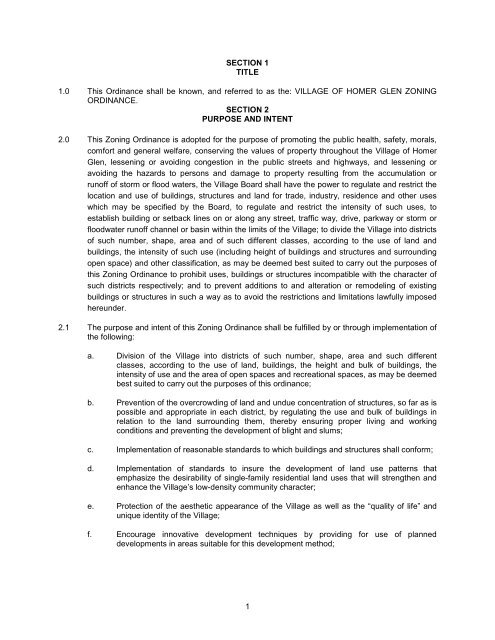 VILLAGE OF HOMER GLEN ZONING ORDINANCE. SECTION 2 P