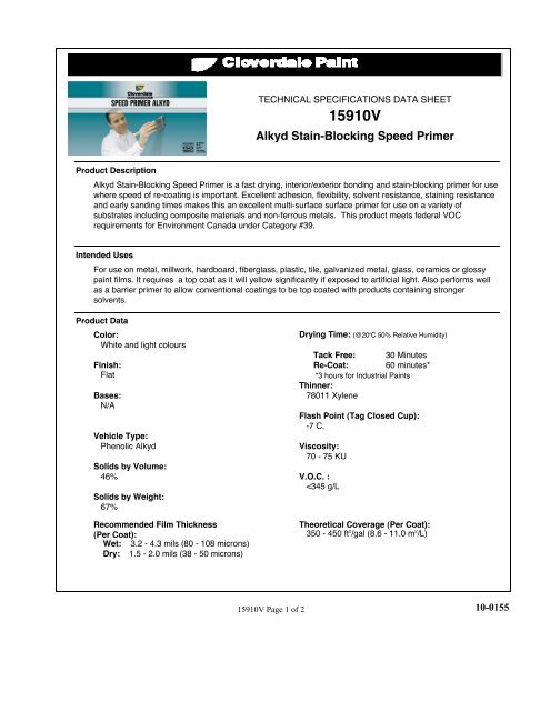 View Technical Data Sheet (PDF) 10-0155 - Cloverdale Paint
