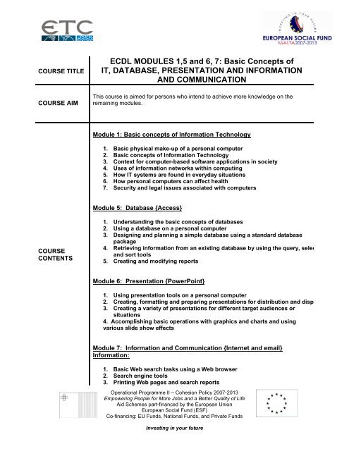ECDL MODULES 1,5 and 6, 7: Basic Concepts of IT ... - ETC