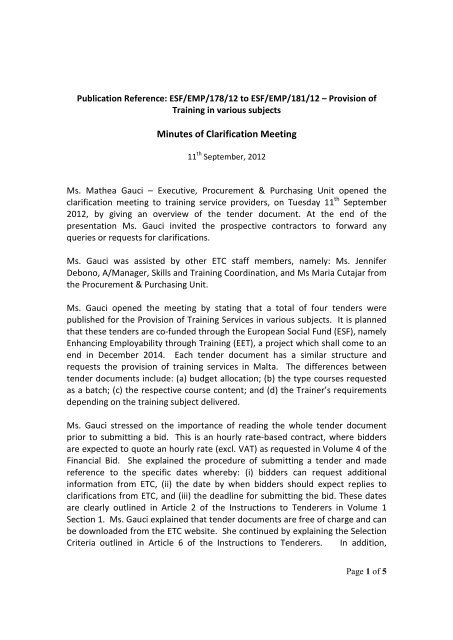 Minutes of Clarification Meeting - Employment and Training ...