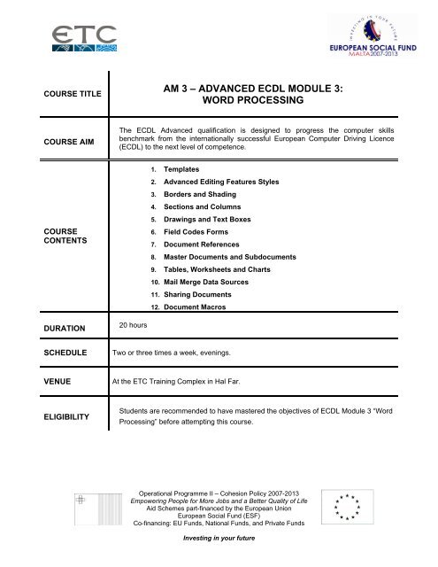 AM 3 â ADVANCED ECDL MODULE 3: WORD PROCESSING - ETC
