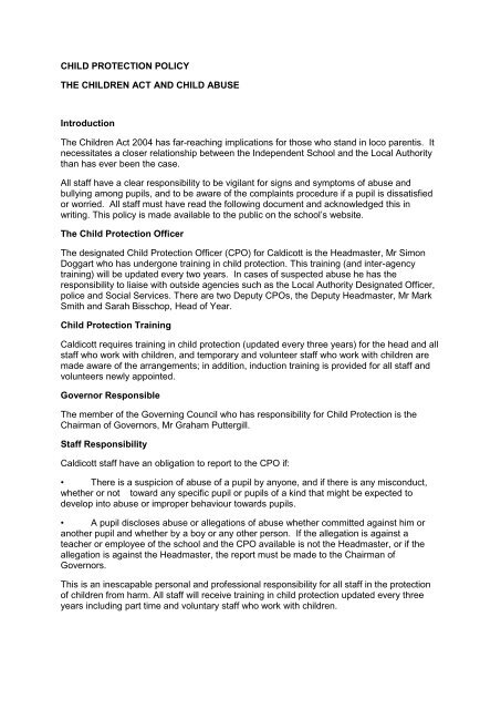 CHILD PROTECTION POLICY - Caldicott School