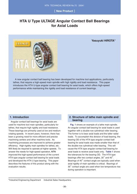 HTA U Type ULTAGE Angular Contact Ball Bearings for Axial ... - NTN