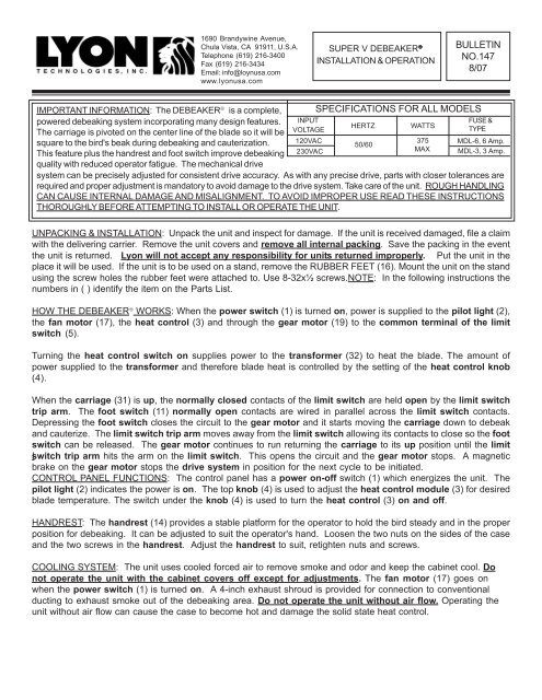 super v debeaker installation & operation b281-147 - Lyon