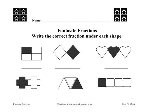 Fantastic Fractions assessment sheet and examples of fractions.