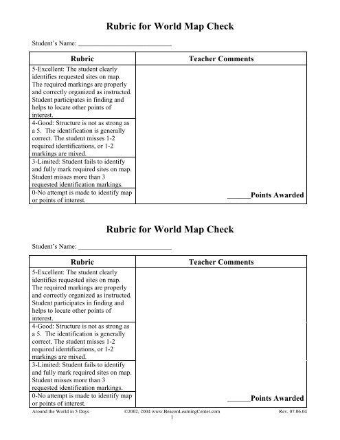 Rubric for World Map Check - Beacon Learning Center
