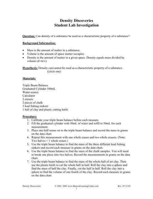 Density Discoveries Student Lab Investigation - Beacon Learning ...
