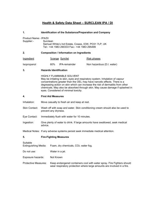 Health & Safety Data Sheet â SURCLEAN IPA / DI - Process Support ...