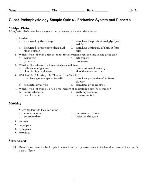 Gilead Pathophysiology Sample Quiz 4 - Endocrine System and ...