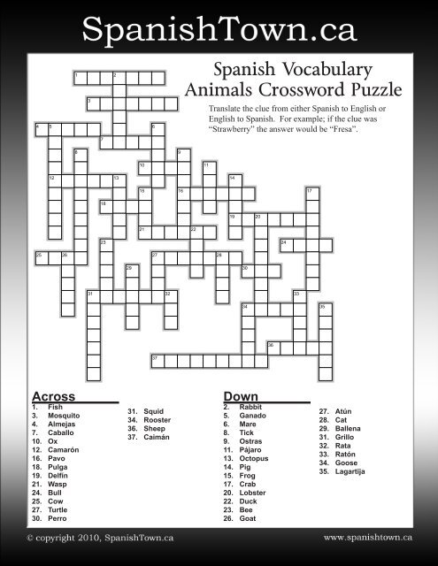 Spanish Crossword Puzzle - Animal Vocabulary - SpanishTown