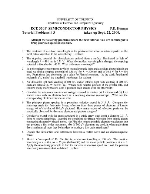ECE 330F SEMICONDUCTOR PHYSICS P.R. Herman Tutorial ...