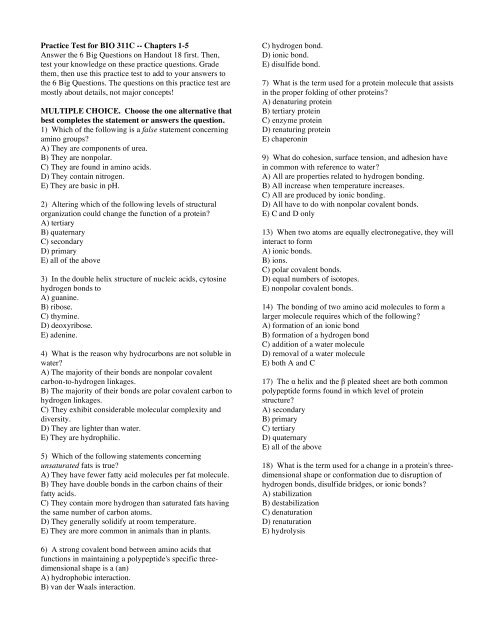 Practice Test for BIO 311C -- Chapters 1-5 Answer the 6 ... - Bio Utexas