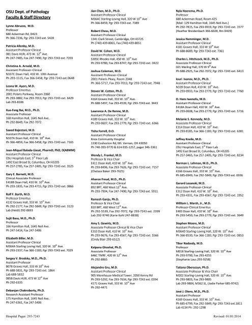 Phone Listing - Pathology - The Ohio State University