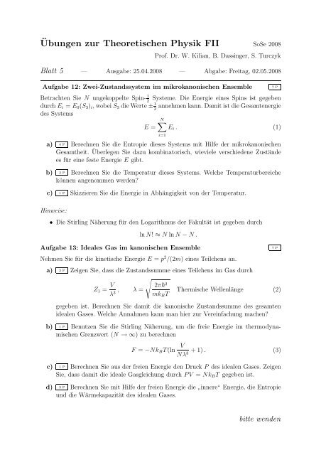 Â¨Ubungen zur Theoretischen Physik FII - Theoretische Physik 1 ...