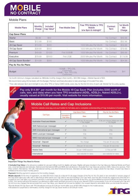 Mobile Call Rates and Cap Inclusions - TPG Internet