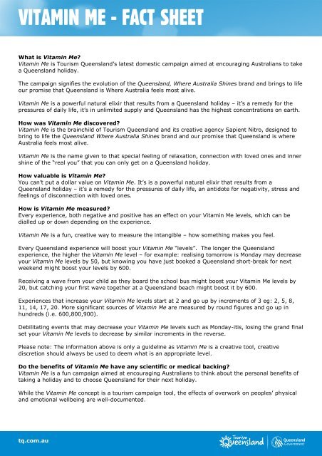 VITAMIN ME - FACT SHEET - Tourism Queensland