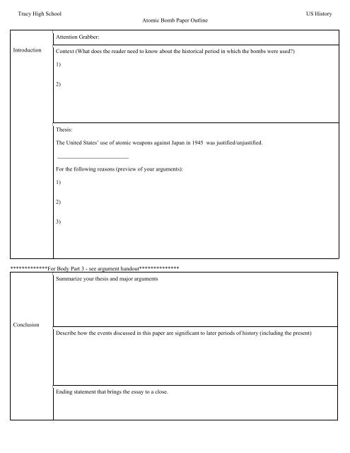 Tracy High School US History Atomic Bomb Paper Outline ...