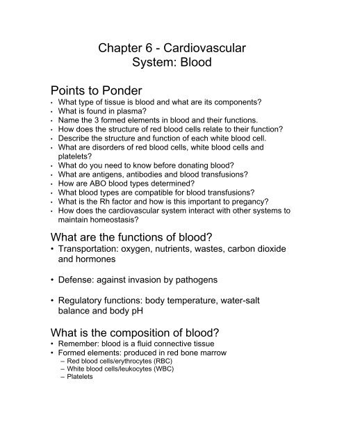 Chapter 6 - Cardiovascular System: Blood Points to Ponder