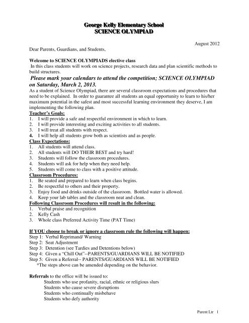 science olympiad parent letter