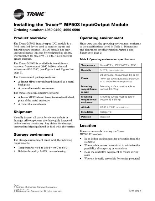 Installing the Tracer™ MP503 Input/Output Module - Trane