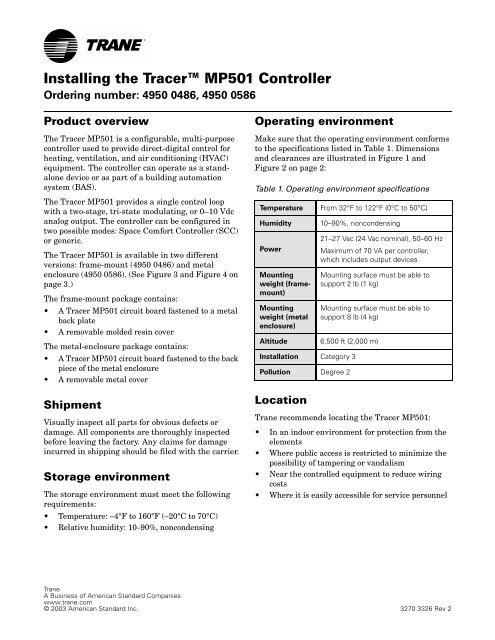 Installing the Tracer™ MP501 Controller - Trane